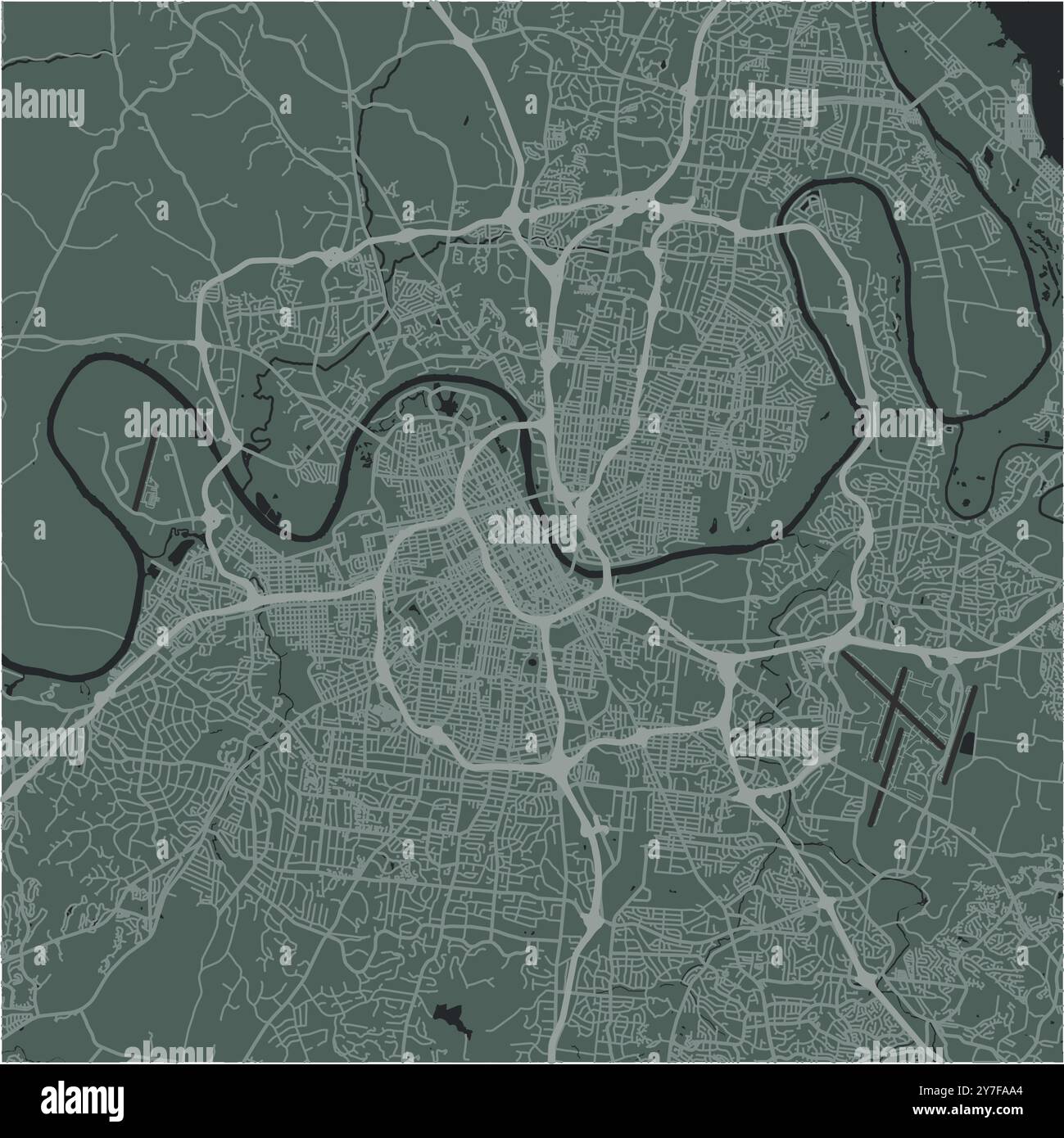Map of Nashville in Tennessee in a smooth dark style. Contains layered vector with roads water ...
