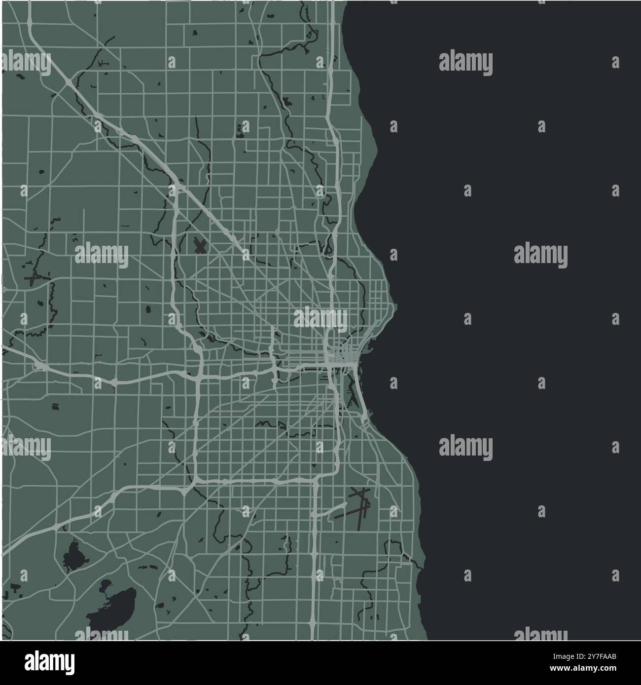 Map of Milwaukee in Wisconsin in a smooth dark style. Contains layered vector with roads water ...