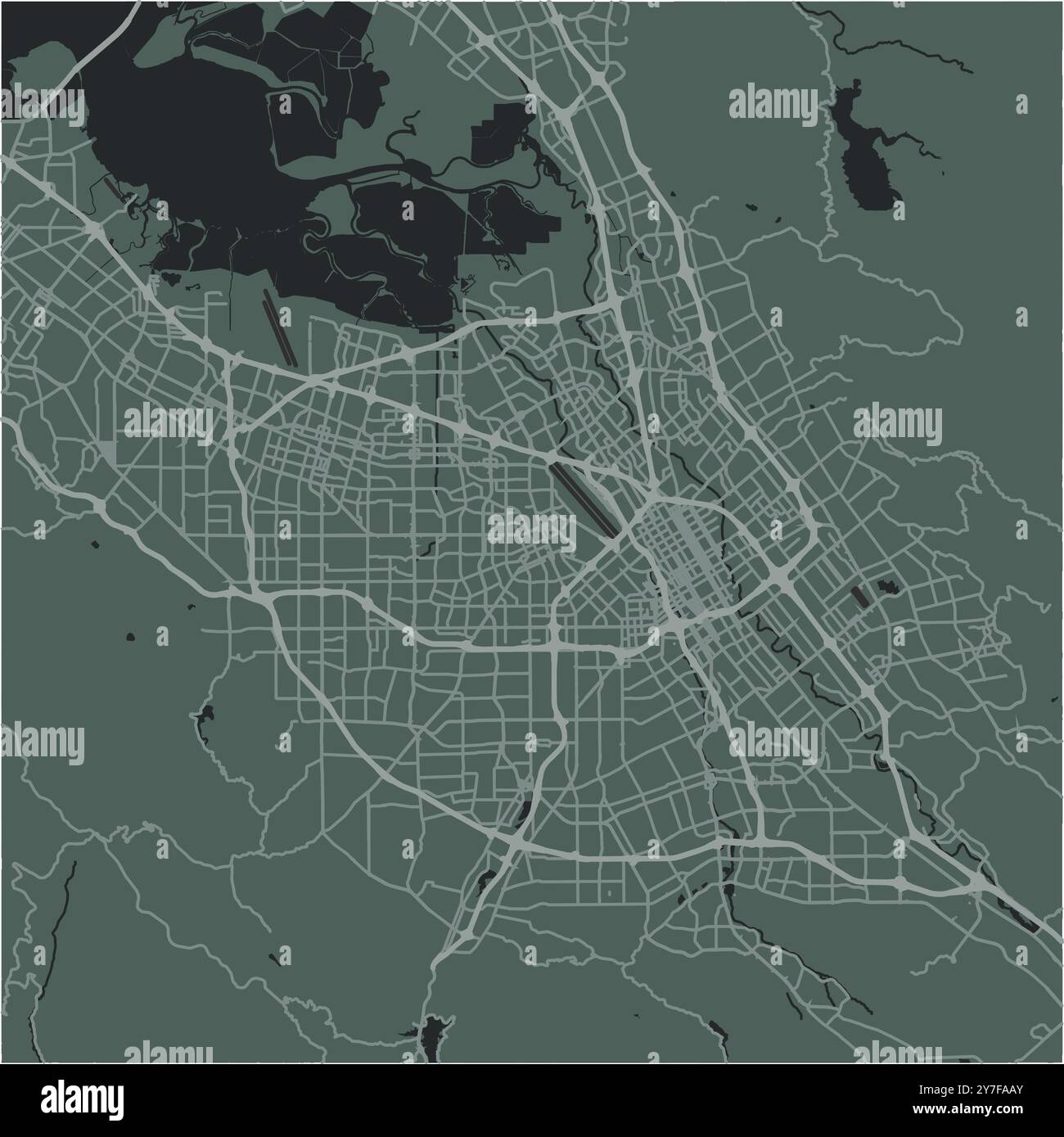 Map of San Jose in California in a smooth dark style. Contains layered vector with roads water ...