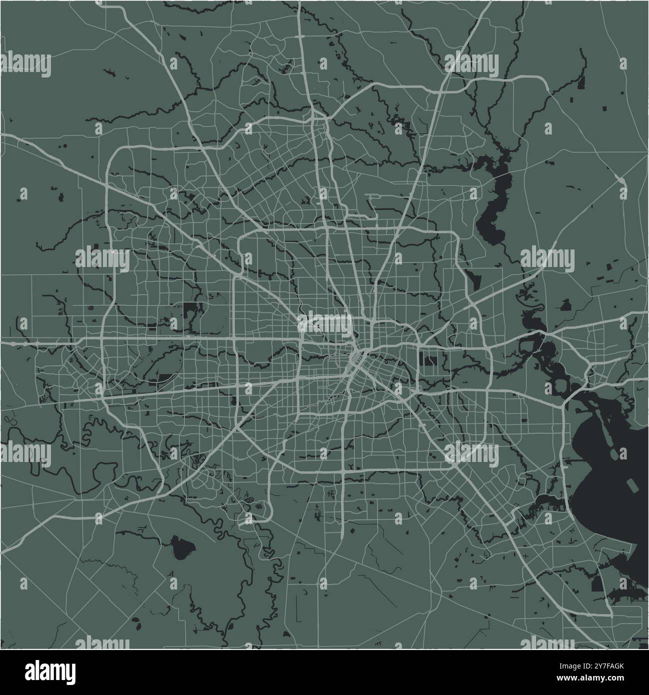 Map of Houston in Texas in a smooth dark style. Contains layered vector with roads water, parks ...