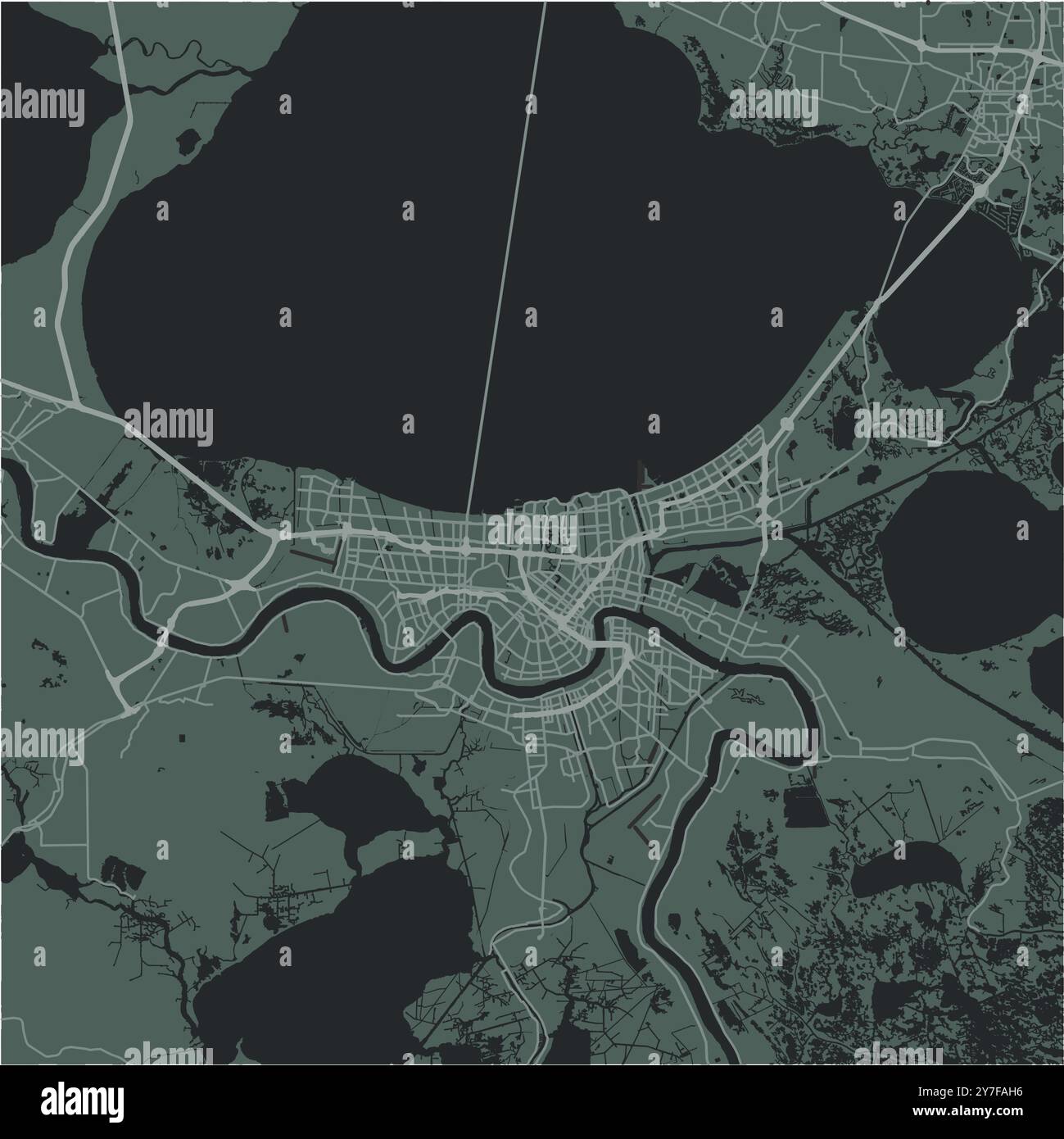 Map of New Orleans in Louisiana in a smooth dark style. Contains layered vector with roads water ...