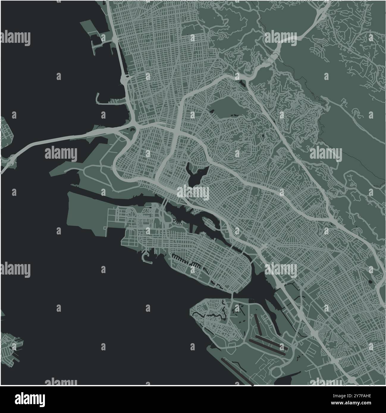 Map of Oakland in California in a smooth dark style. Contains layered ...