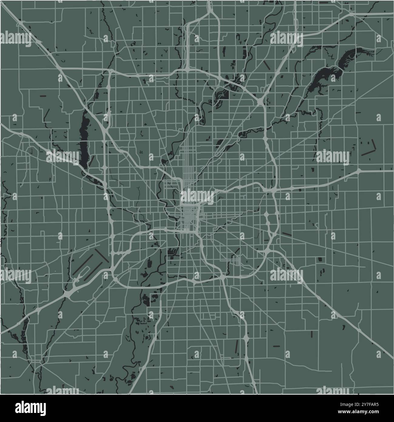 Map of Indianapolis in Indiana in a smooth dark style. Contains layered vector with roads water ...