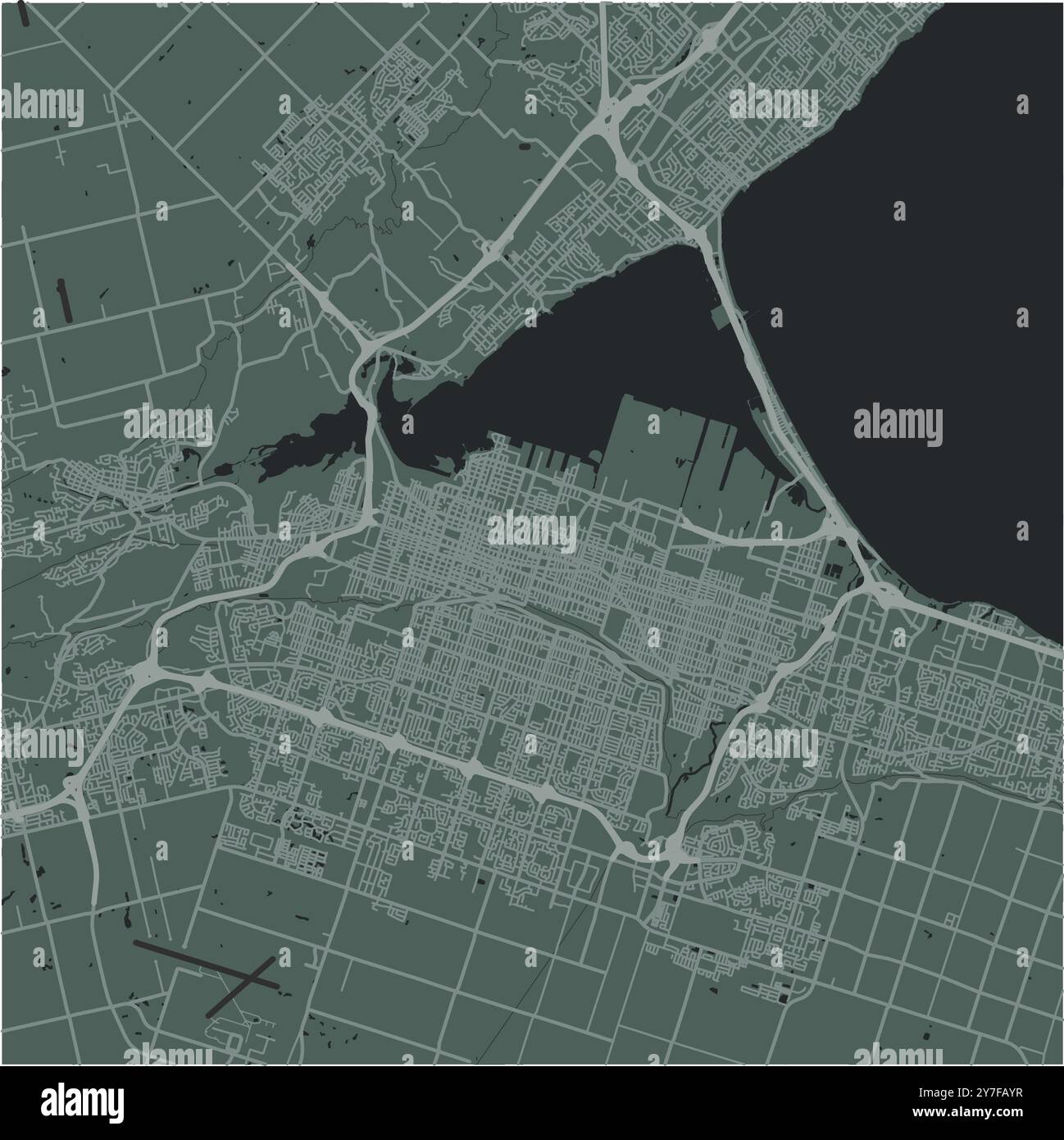 Map of Hamilton in Canada in a smooth dark style. Contains layered vector with roads water ...