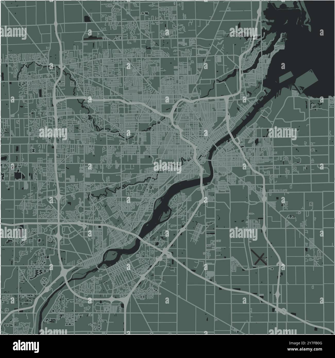 Map of Toledo in Ohio in a smooth dark style. Contains layered vector with roads water, parks ...