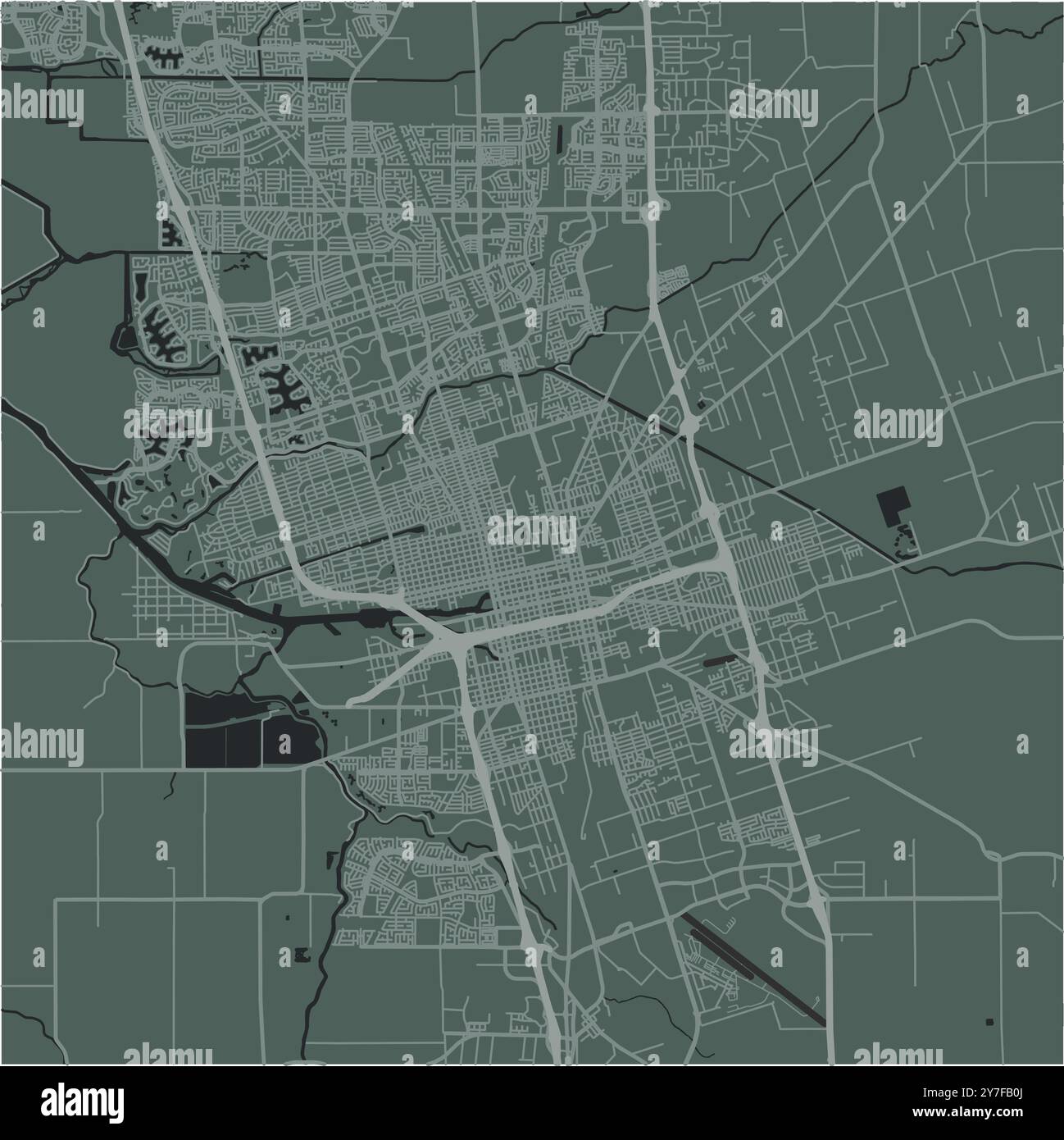 Map of Stockton in California in a smooth dark style. Contains layered vector with roads water ...