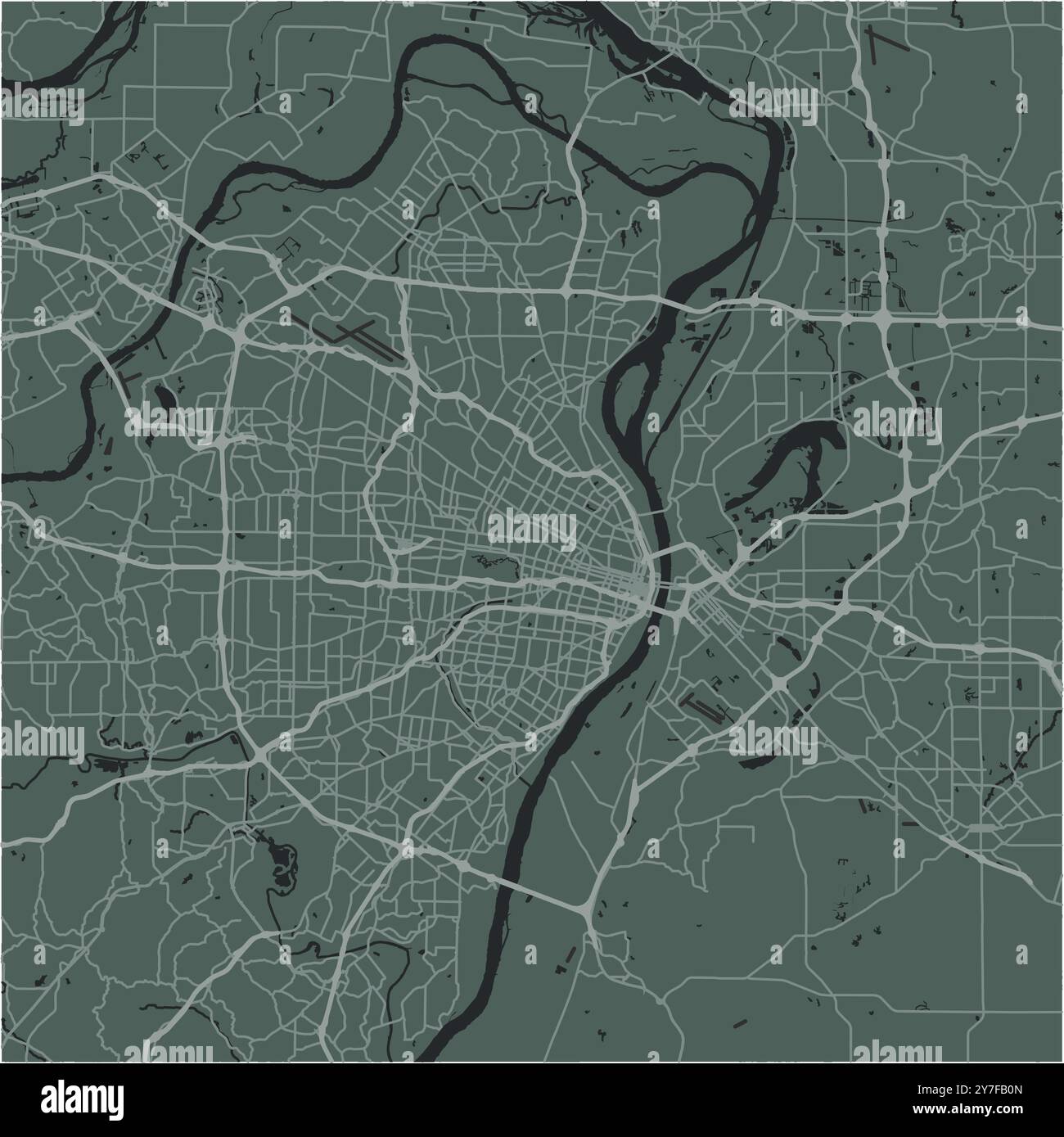 Map of St. Louis in Missouri in a smooth dark style. Contains layered vector with roads water ...
