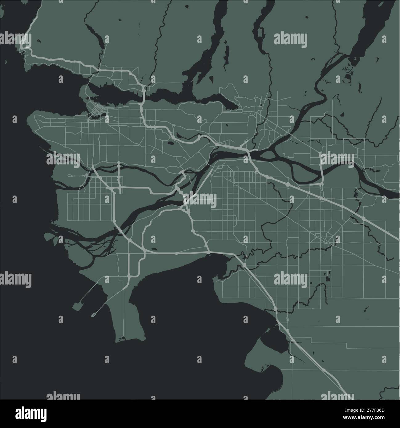 Map of Vancouver in Canada in a smooth dark style. Contains layered vector with roads water ...