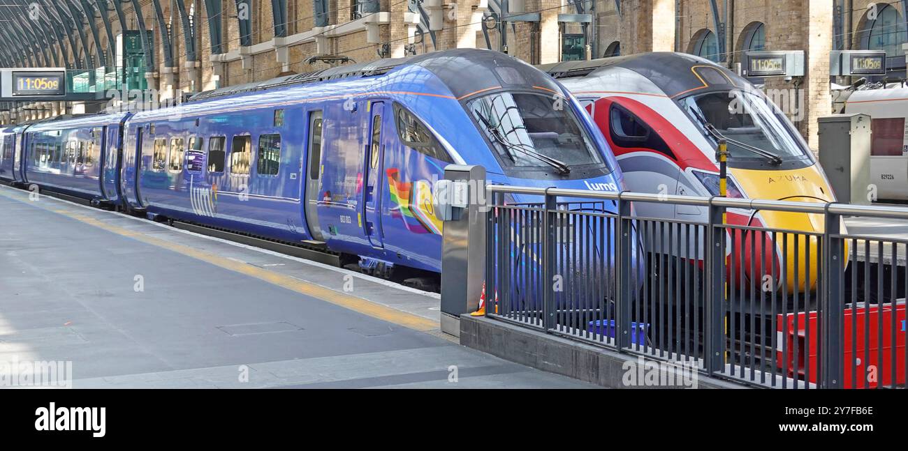 Train driver cabs at Kings Cross buffers Blue Lumo open-access operator ...