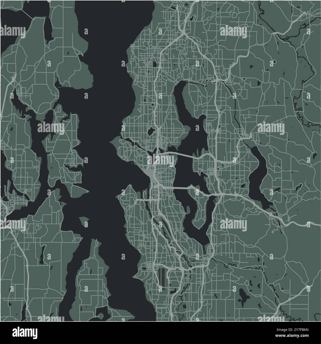 Map of Seattle in Washington in a smooth dark style. Contains layered vector with roads water ...