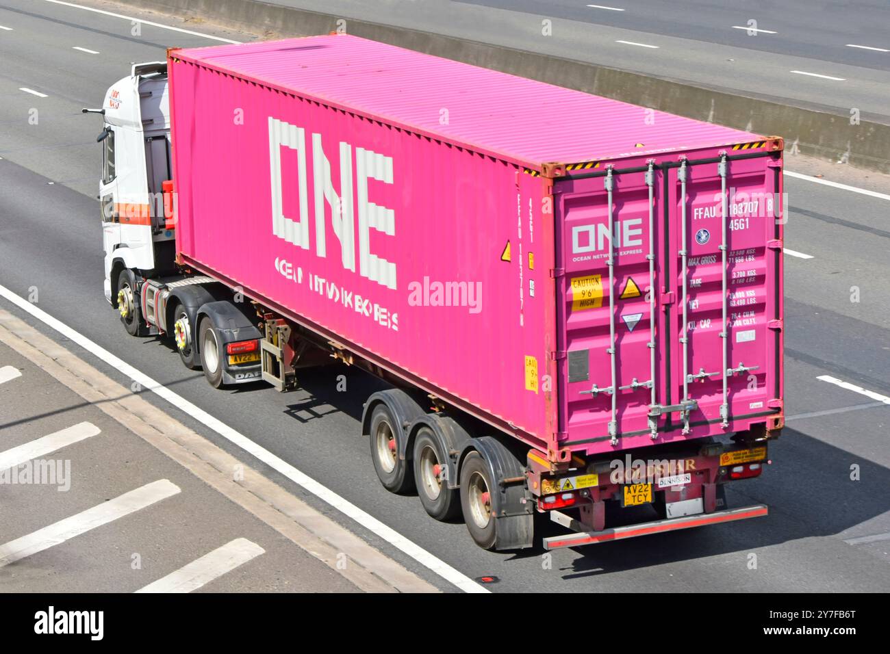 One Line side back rear view intermodal pink shipping container & semi ...
