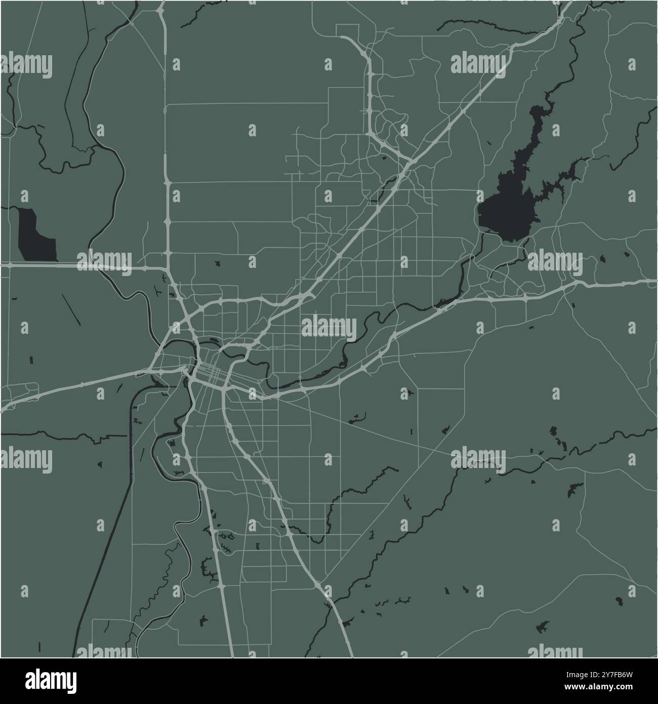 Map of Sacramento in California in a smooth dark style. Contains layered vector with roads water ...