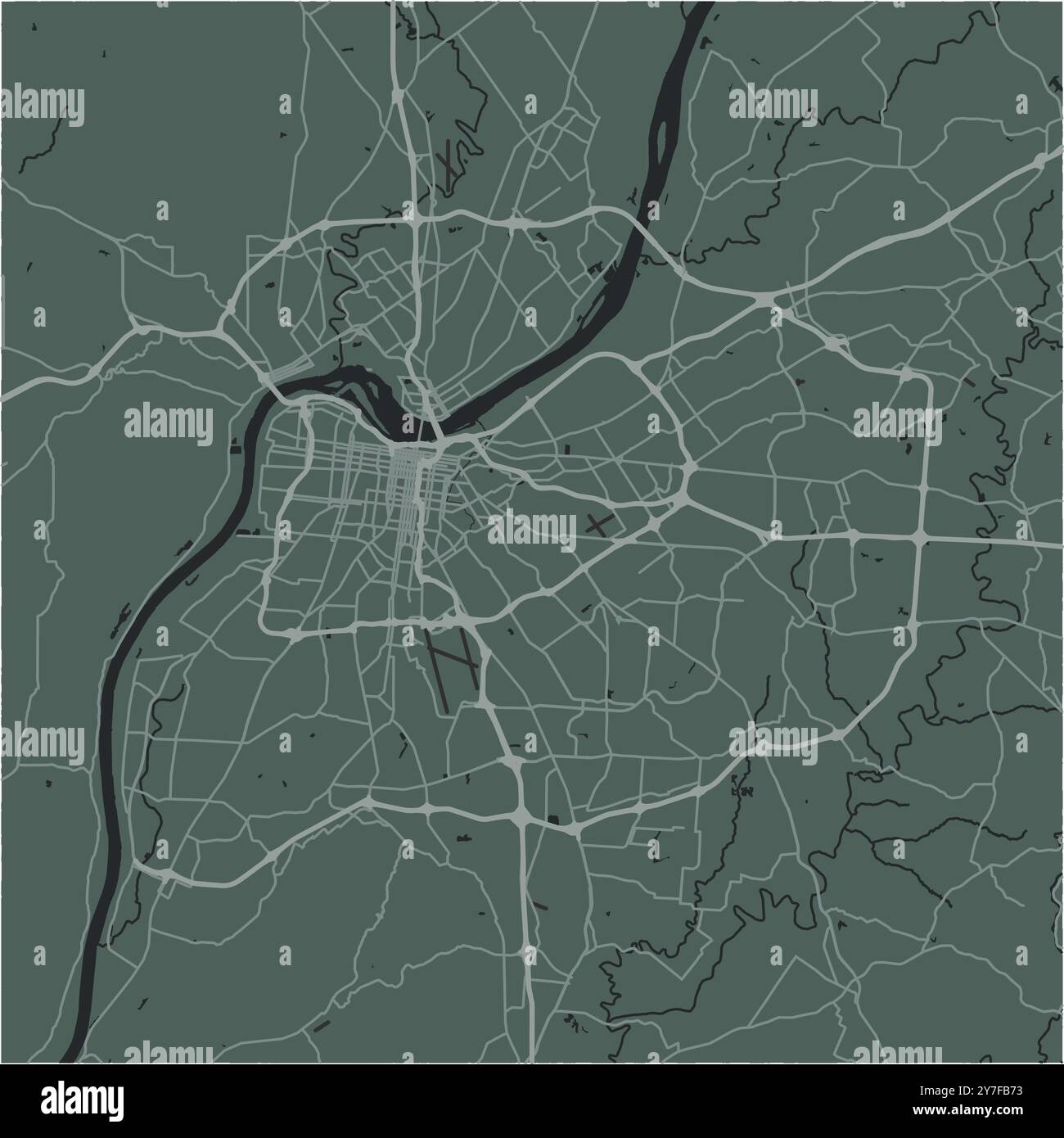 Map of Louisville in Kentucky in a smooth dark style. Contains layered vector with roads water ...