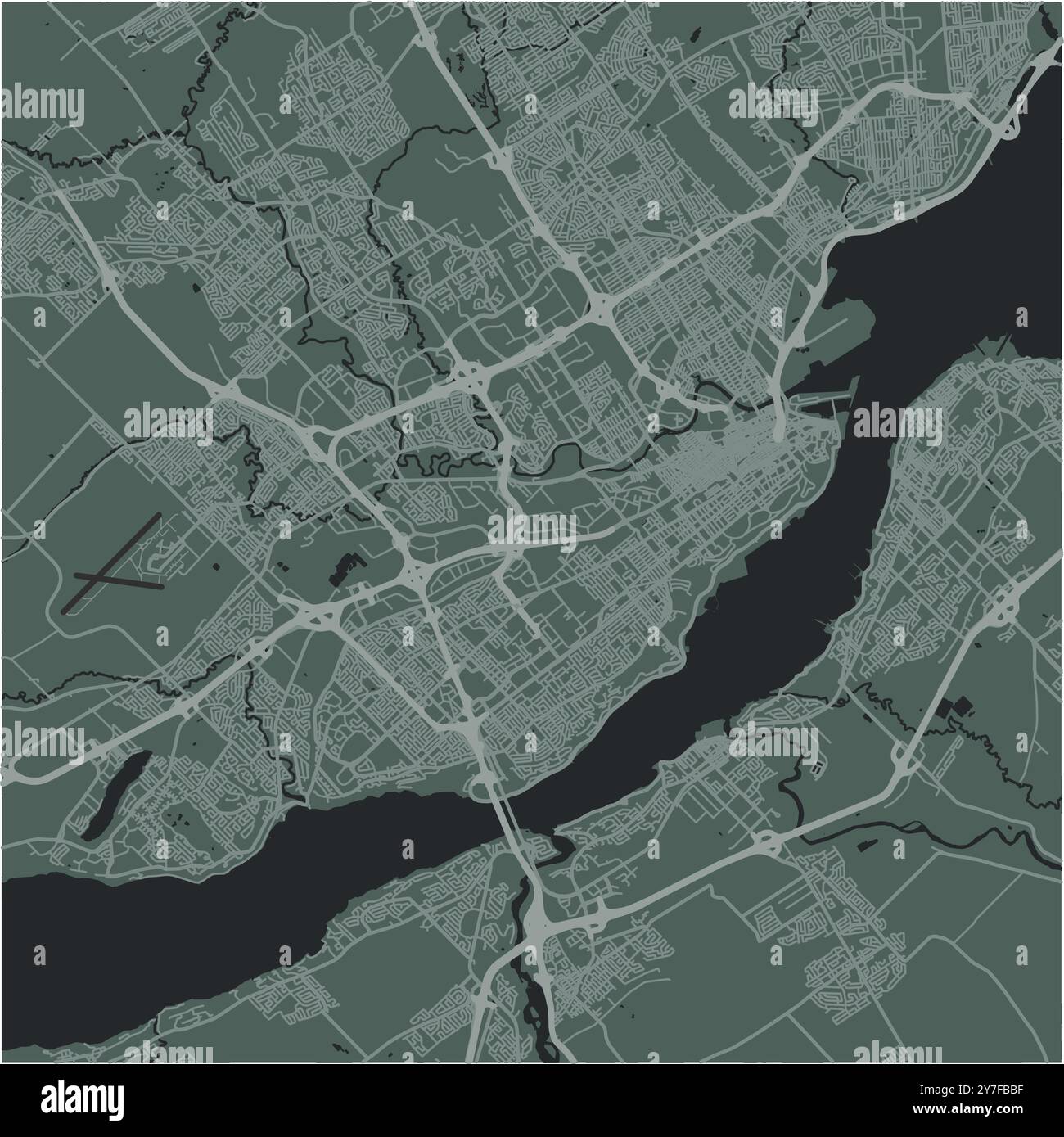Map of Quebec City in Canada in a smooth dark style. Contains layered ...