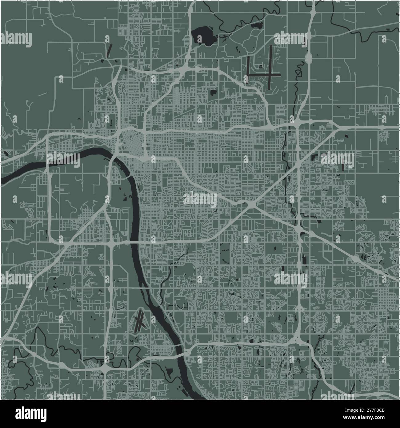 Map of Tulsa in Oklahoma in a smooth dark style. Contains layered vector with roads water, parks ...