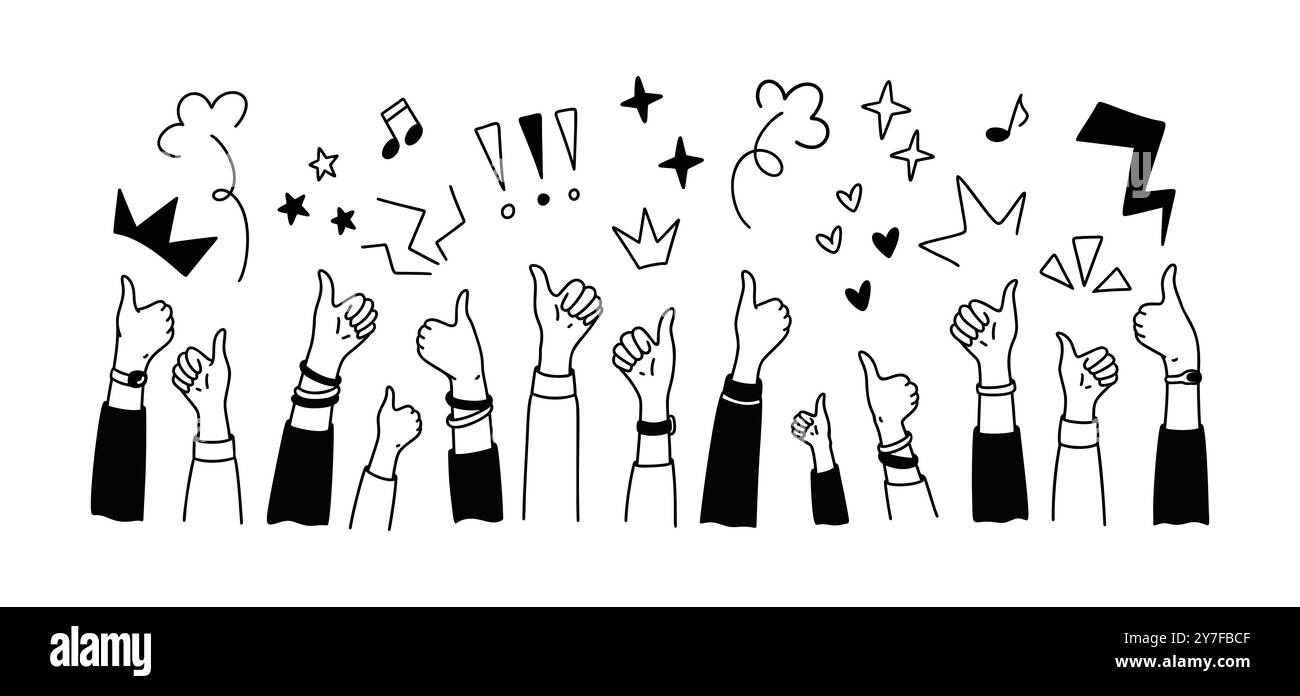 Raising hands with thumb up doodle background. Birthday celebration ...