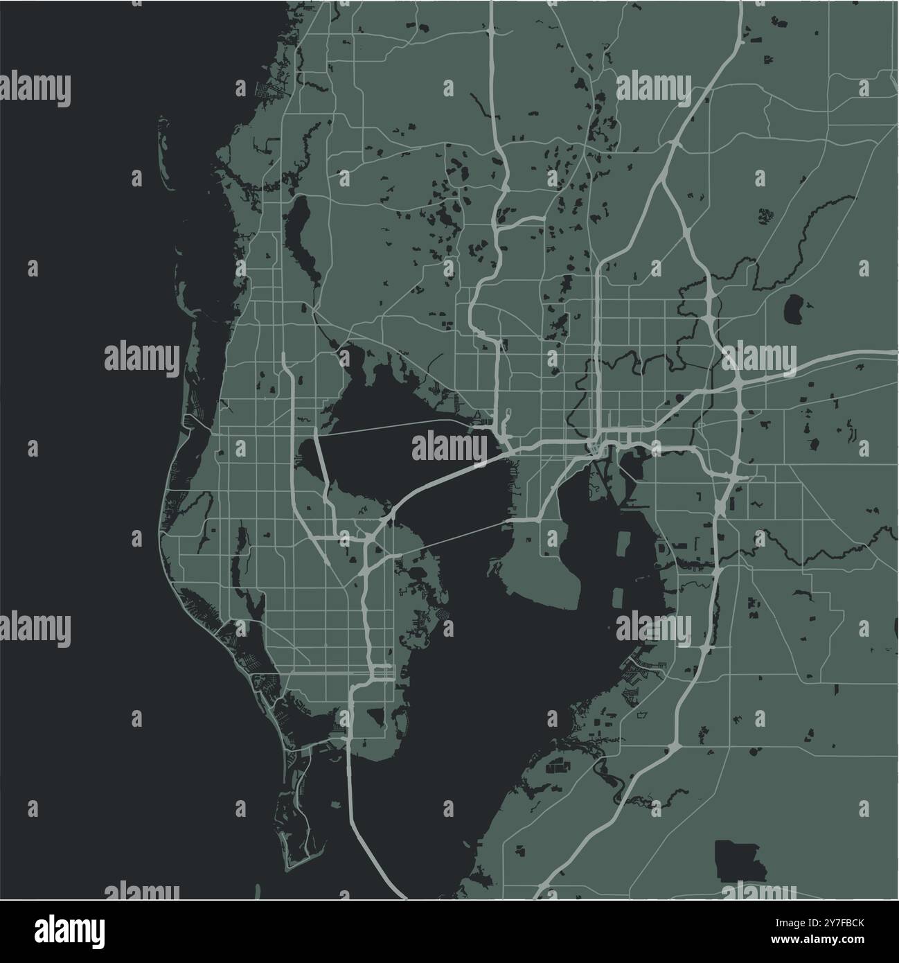 Map of Tampa in Florida in a smooth dark style. Contains layered vector ...