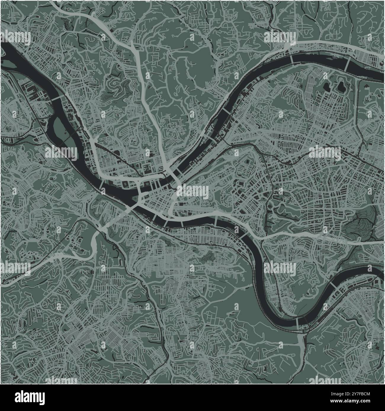 Map of Pittsburgh in Pennsylvania in a smooth dark style. Contains layered vector with roads ...