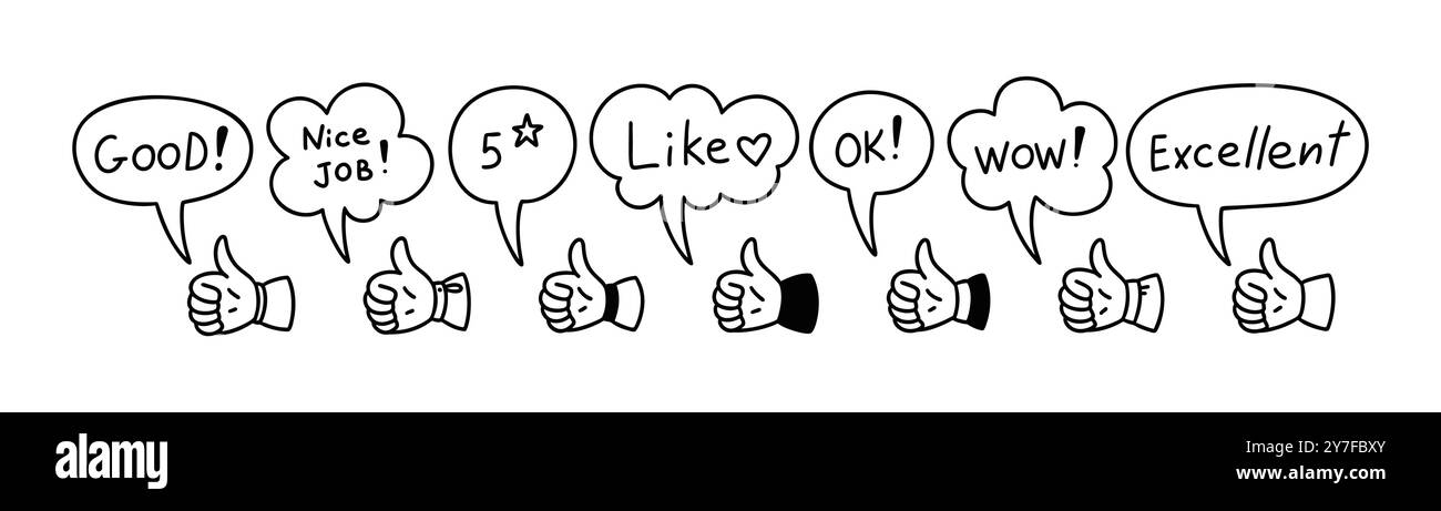 Positive expressions speech bubbles. Thumb up cute line doodle icon ...