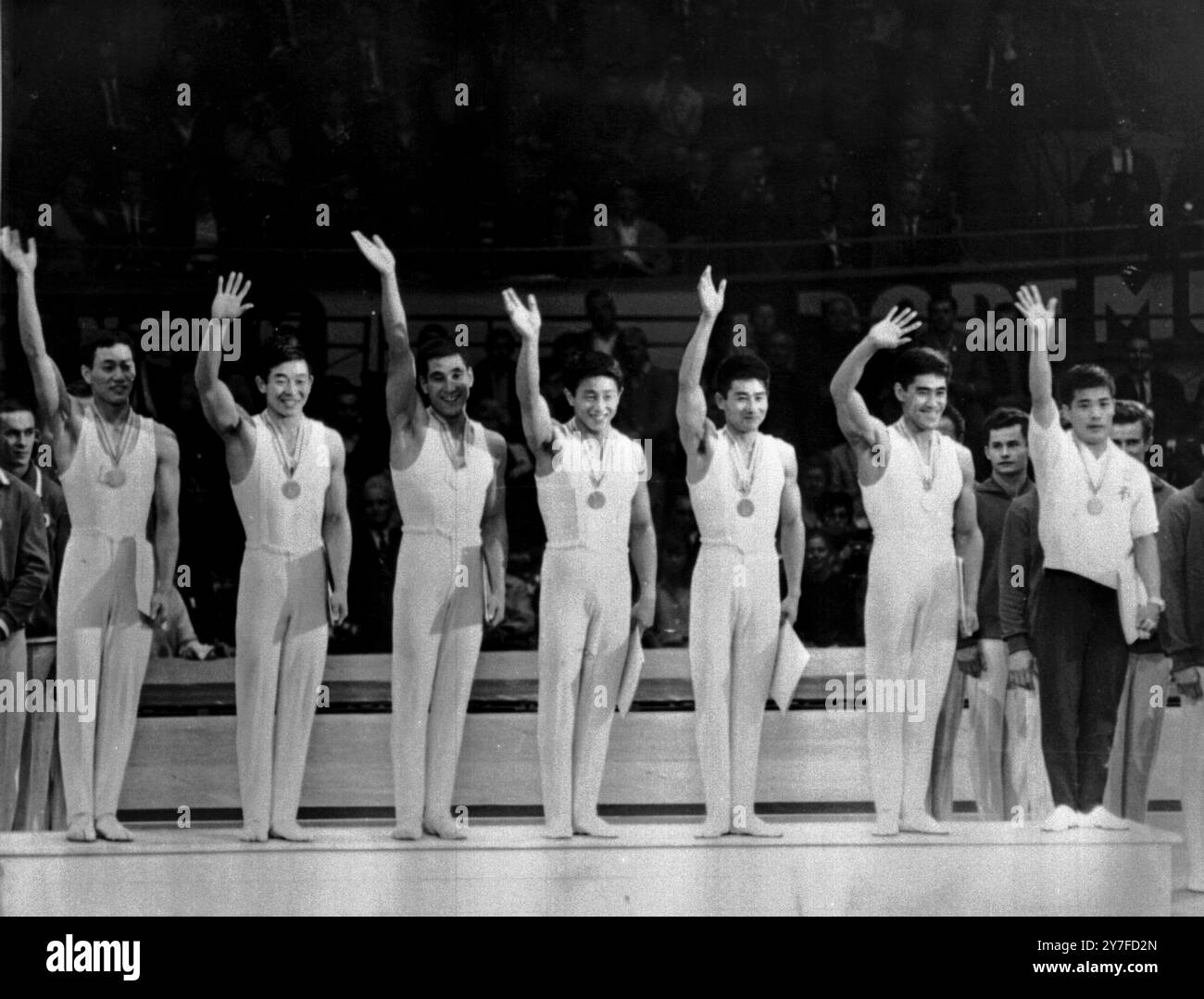 The Japanese Gymnastic Team is pictured on the podium after winning the ...