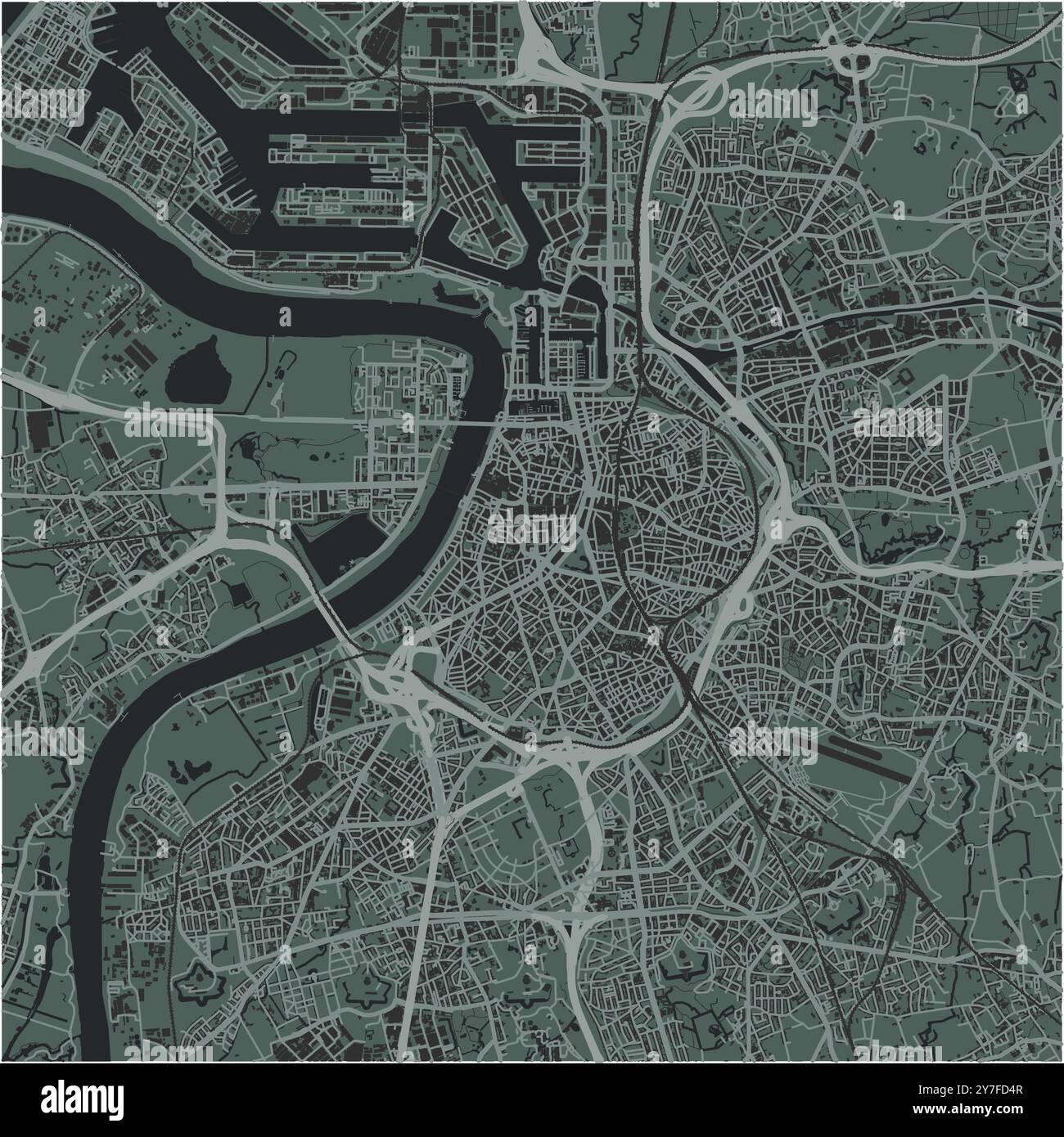 Map of Antwerp in Belgium in a smooth dark style. Contains layered vector with roads water ...