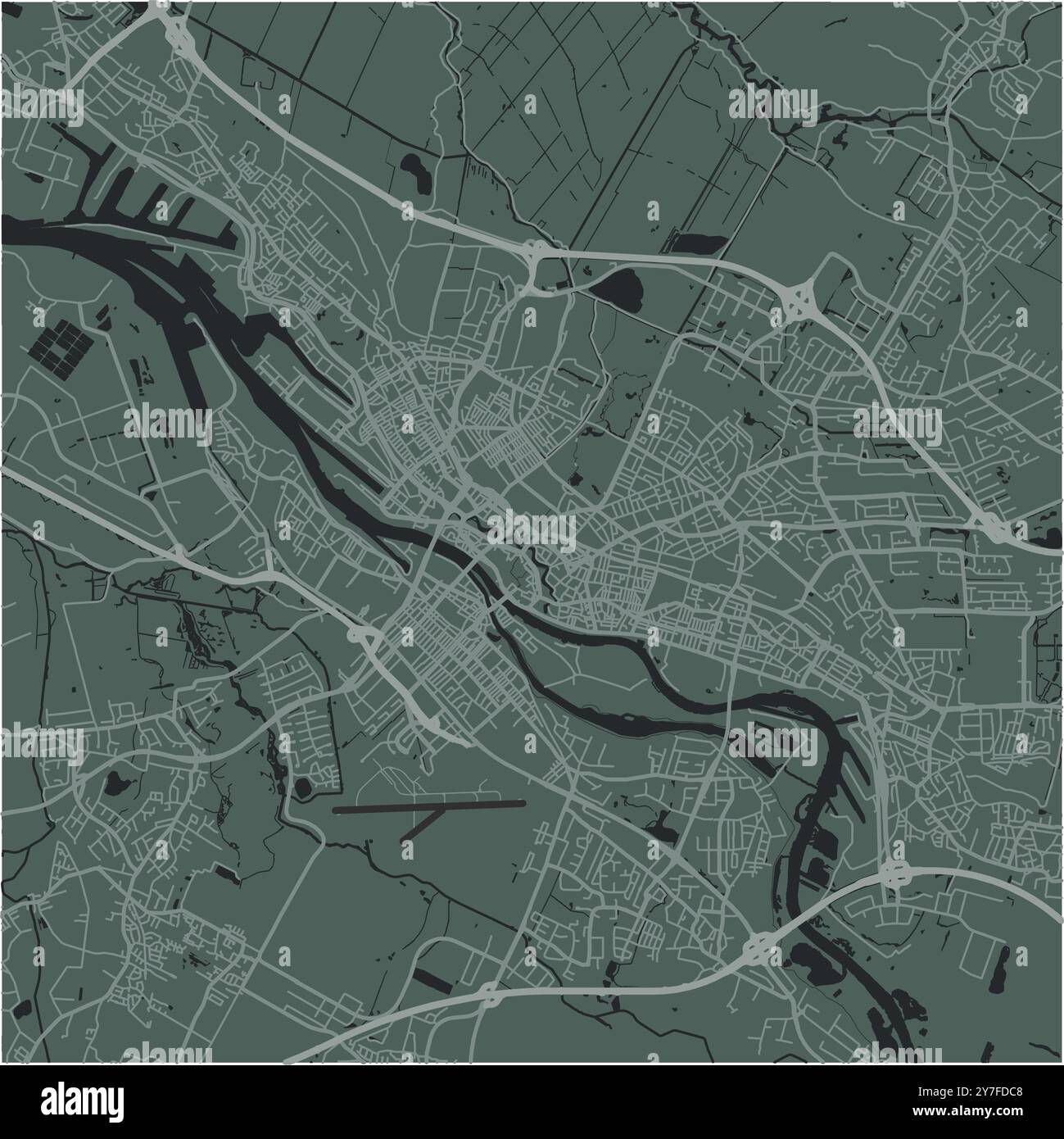 Map of Bremen in Germany in a smooth dark style. Contains layered vector with roads water, parks ...