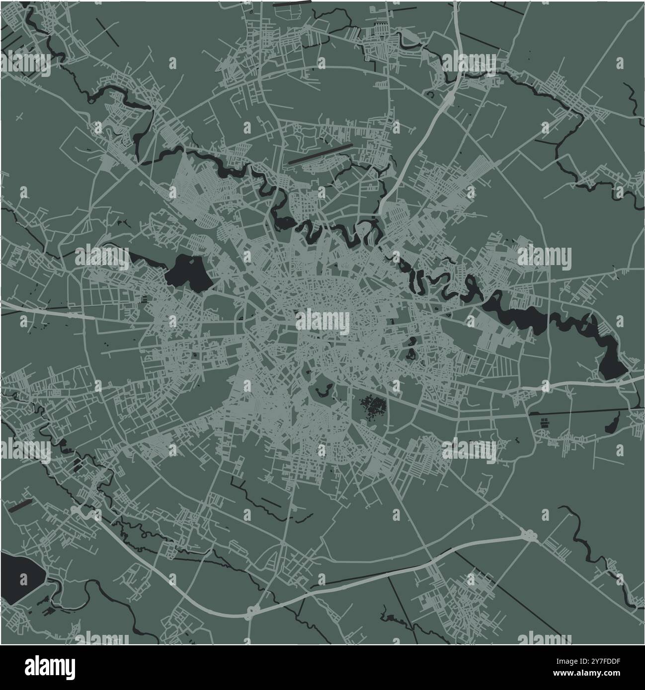 Map of Bucharest in Romania in a smooth dark style. Contains layered vector with roads water ...