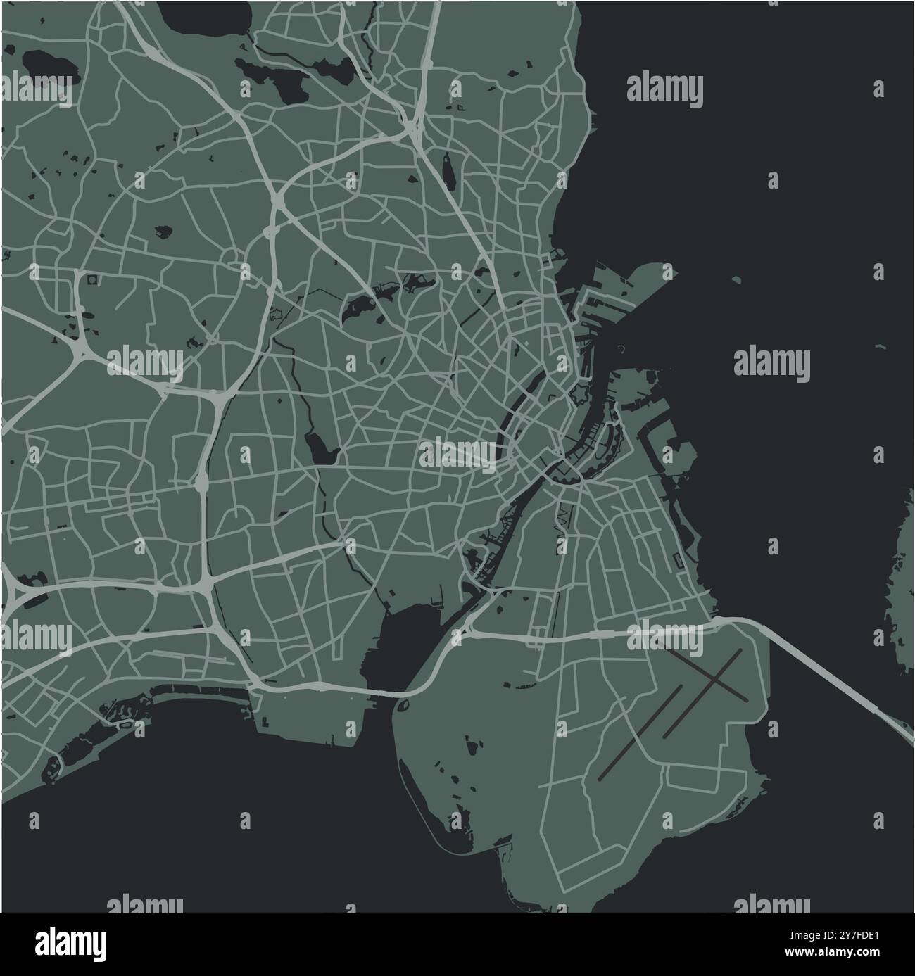 Map of Copenhagen in Denmark in a smooth dark style. Contains layered ...