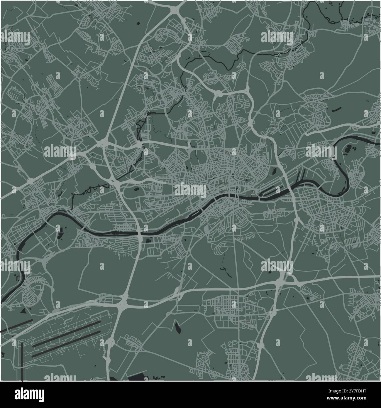 Map of Frankfurt in Germany in a smooth dark style. Contains layered vector with roads water ...