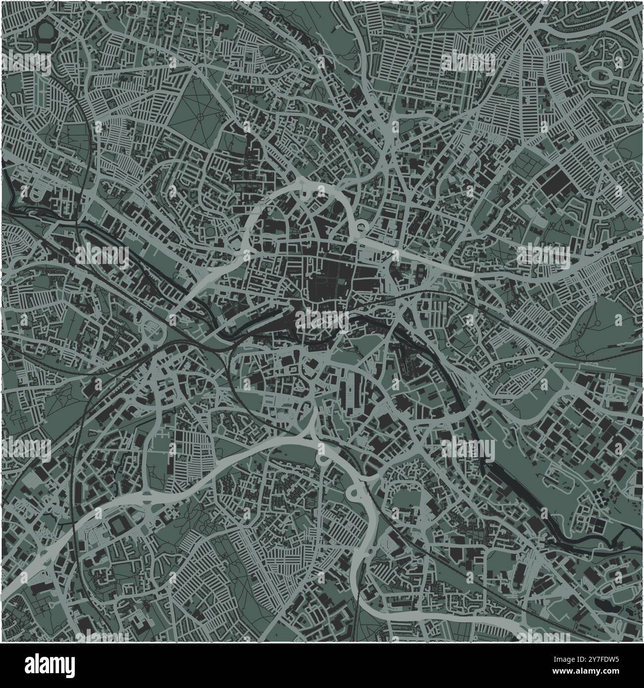 Map of Leeds in United Kingdom in a smooth dark style. Contains layered vector with roads water ...
