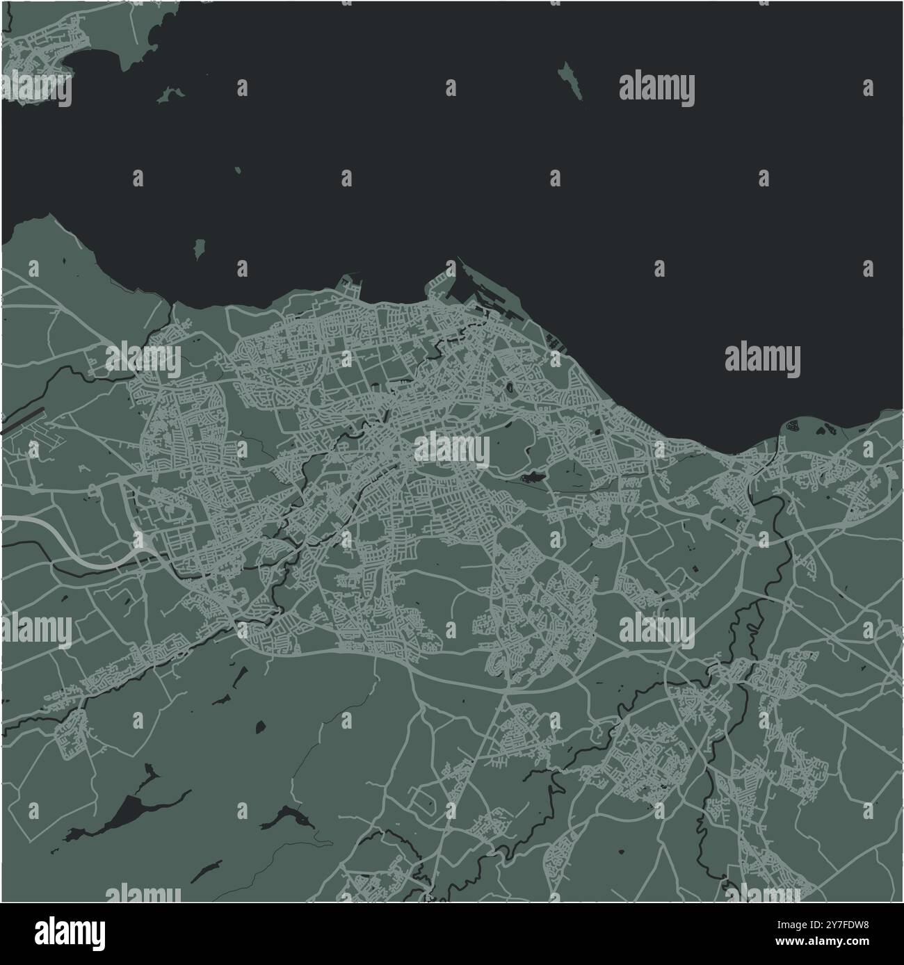 Map of Edinburgh in United Kingdom in a smooth dark style. Contains layered vector with roads ...