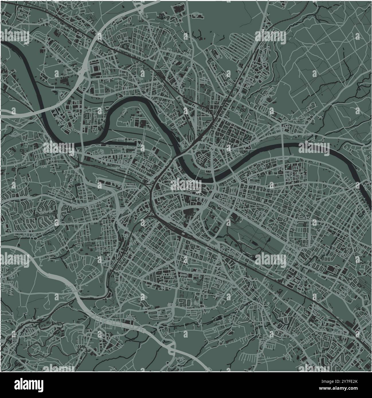 Map of Dresden in Germany in a smooth dark style. Contains layered vector with roads water ...
