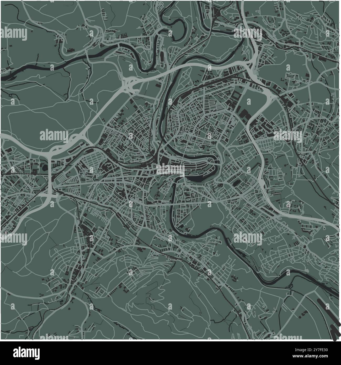 Map of Bern in Switzerland in a smooth dark style. Contains layered vector with roads water ...