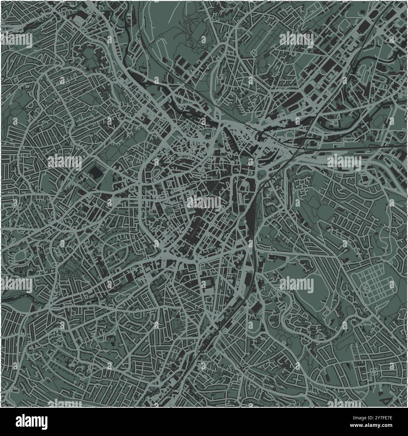 Map of Sheffield in United Kingdom in a smooth dark style. Contains layered vector with roads ...