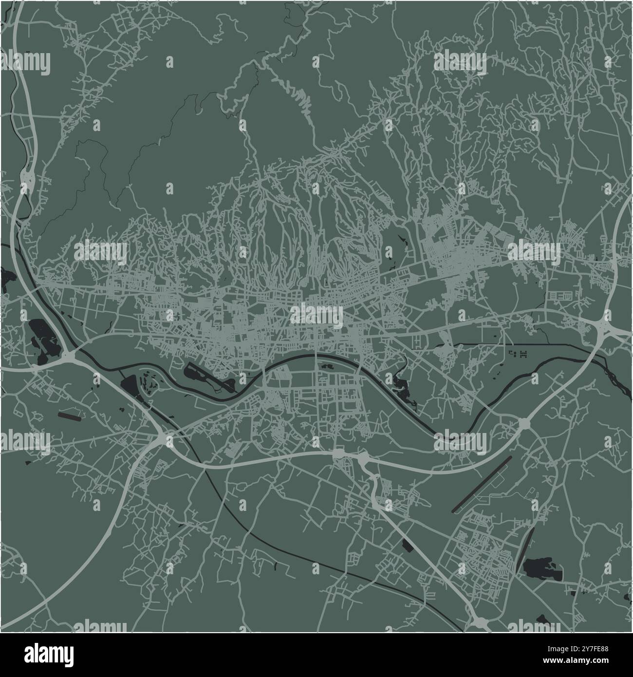 Map of Zagreb in Croatia in a smooth dark style. Contains layered vector with roads water, parks ...