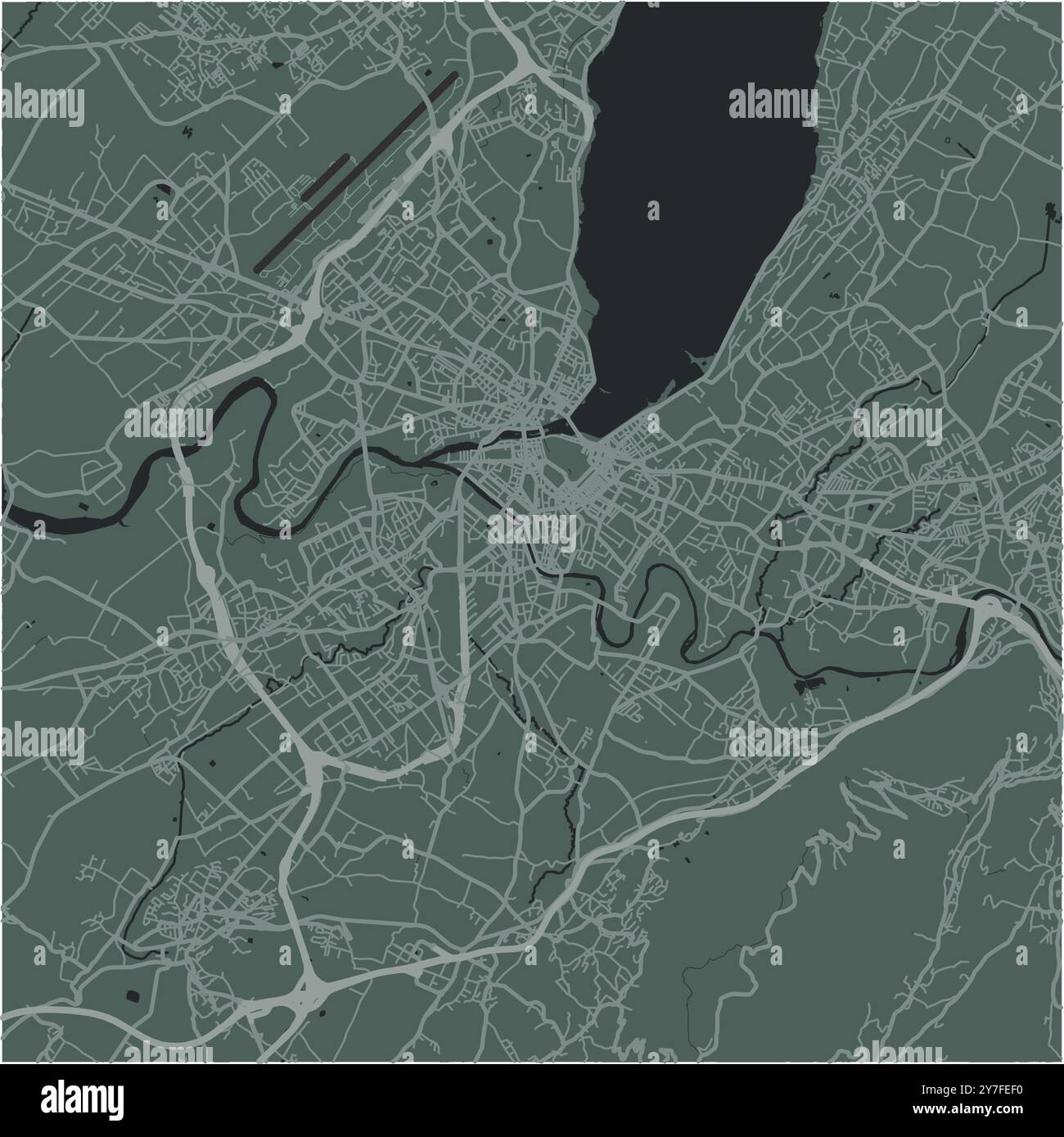 Map of Geneva in Switzerland in a smooth dark style. Contains layered vector with roads water ...