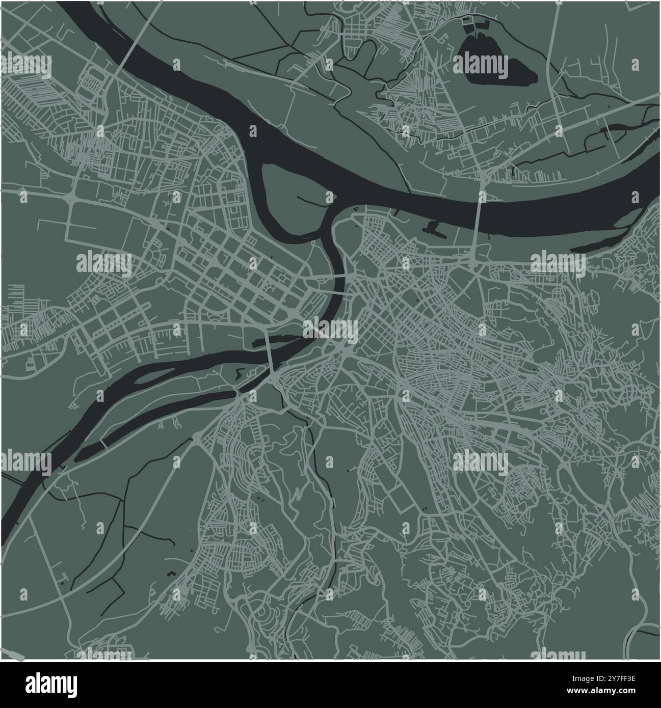 Map of Belgrade in Serbia in a smooth dark style. Contains layered vector with roads water ...