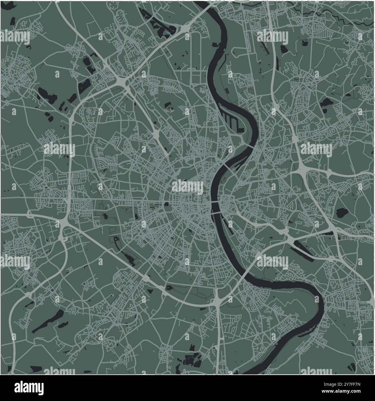 Map of Cologne in Germany in a smooth dark style. Contains layered vector with roads water ...