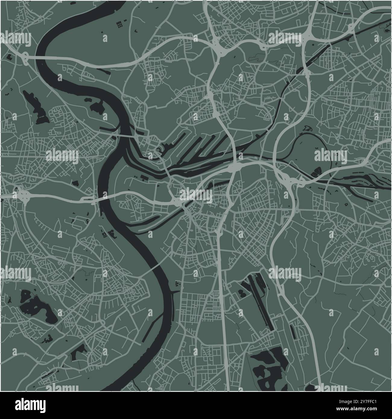 Map of Duisburg in Germany in a smooth dark style. Contains layered vector with roads water ...