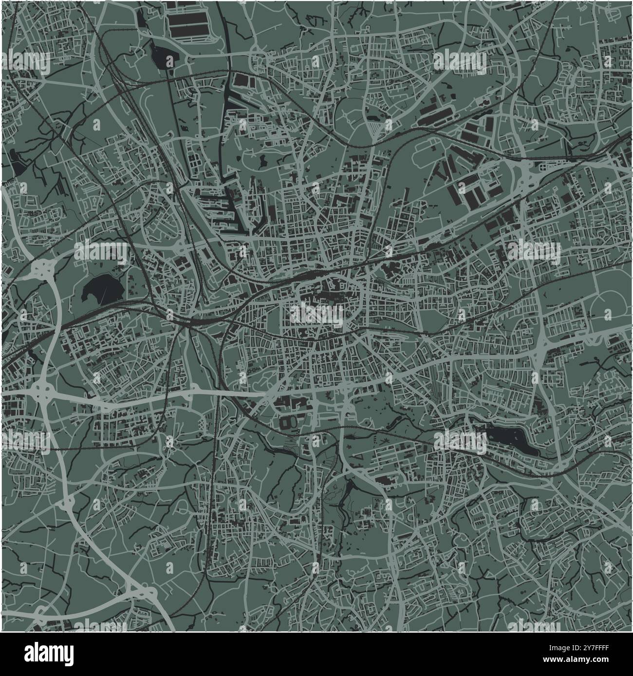 Map of Dortmund in Germany in a smooth dark style. Contains layered vector with roads water ...