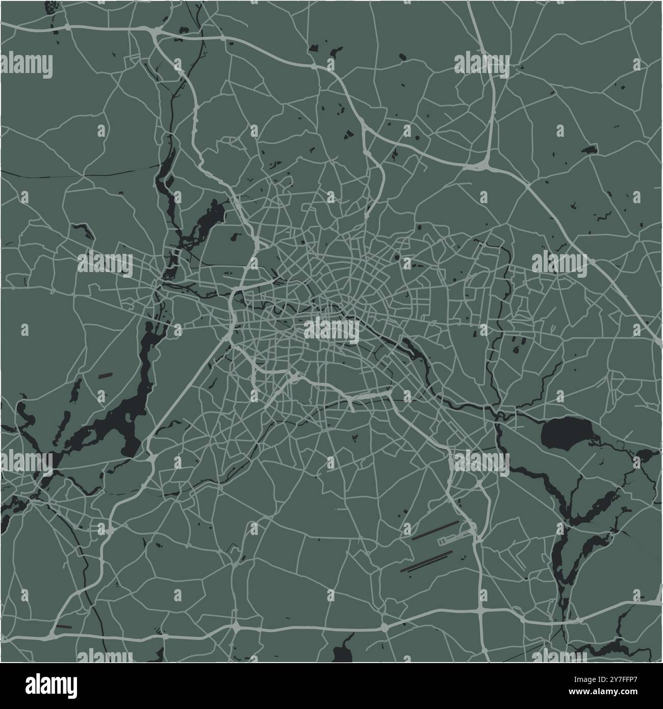 Map of Berlin in Germany in a smooth dark style. Contains layered vector with roads water, parks ...