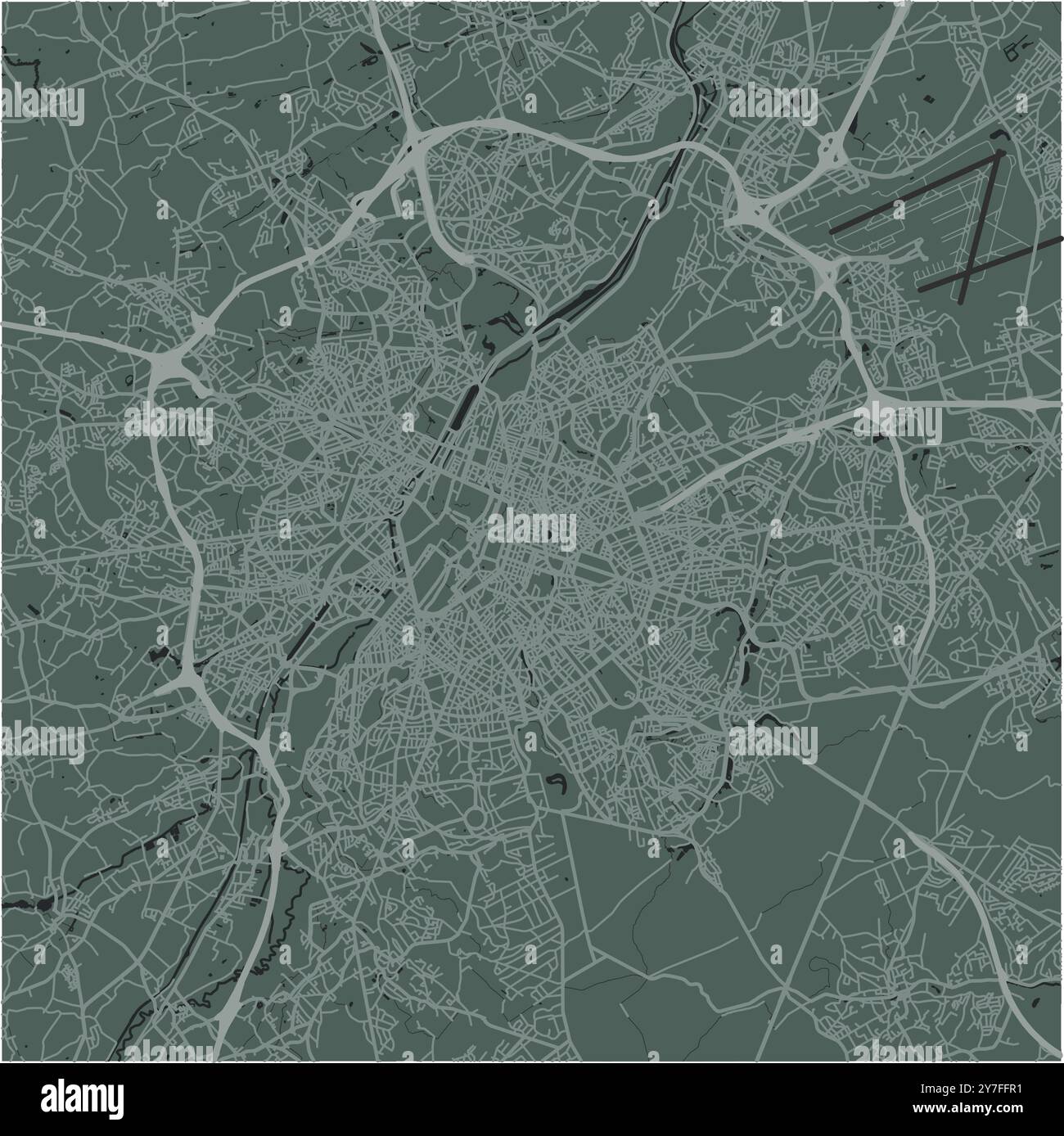Map of Brussels in Belgium in a smooth dark style. Contains layered vector with roads water ...