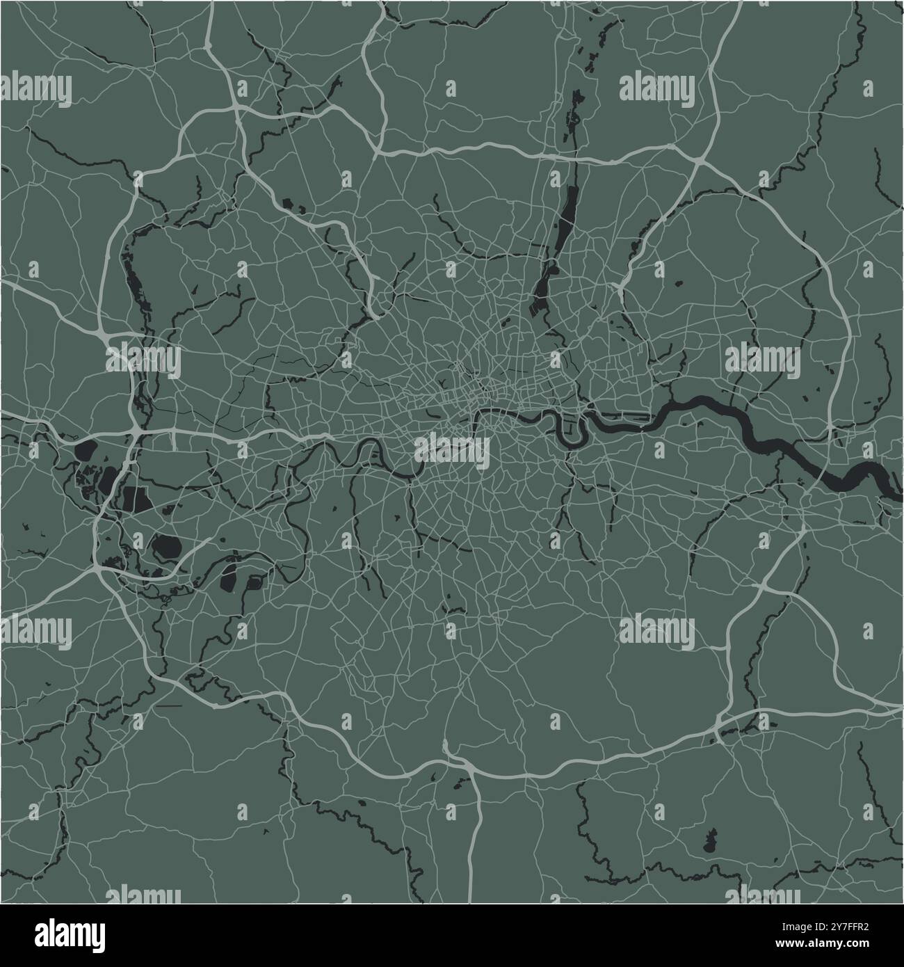 Map of London in United Kingdom in a smooth dark style. Contains layered vector with roads water ...