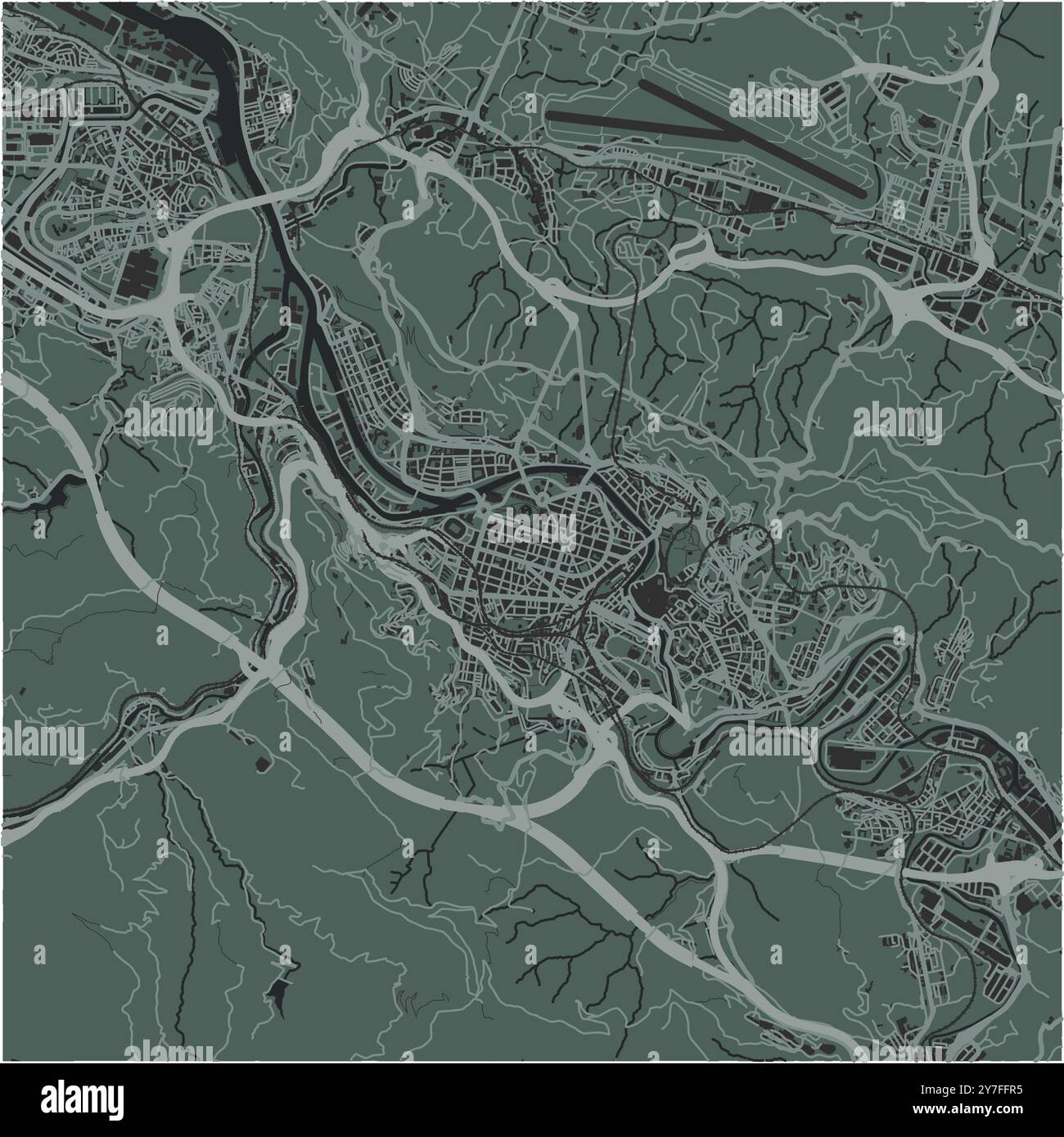 Map of Bilbao in Spain in a smooth dark style. Contains layered vector with roads water, parks ...