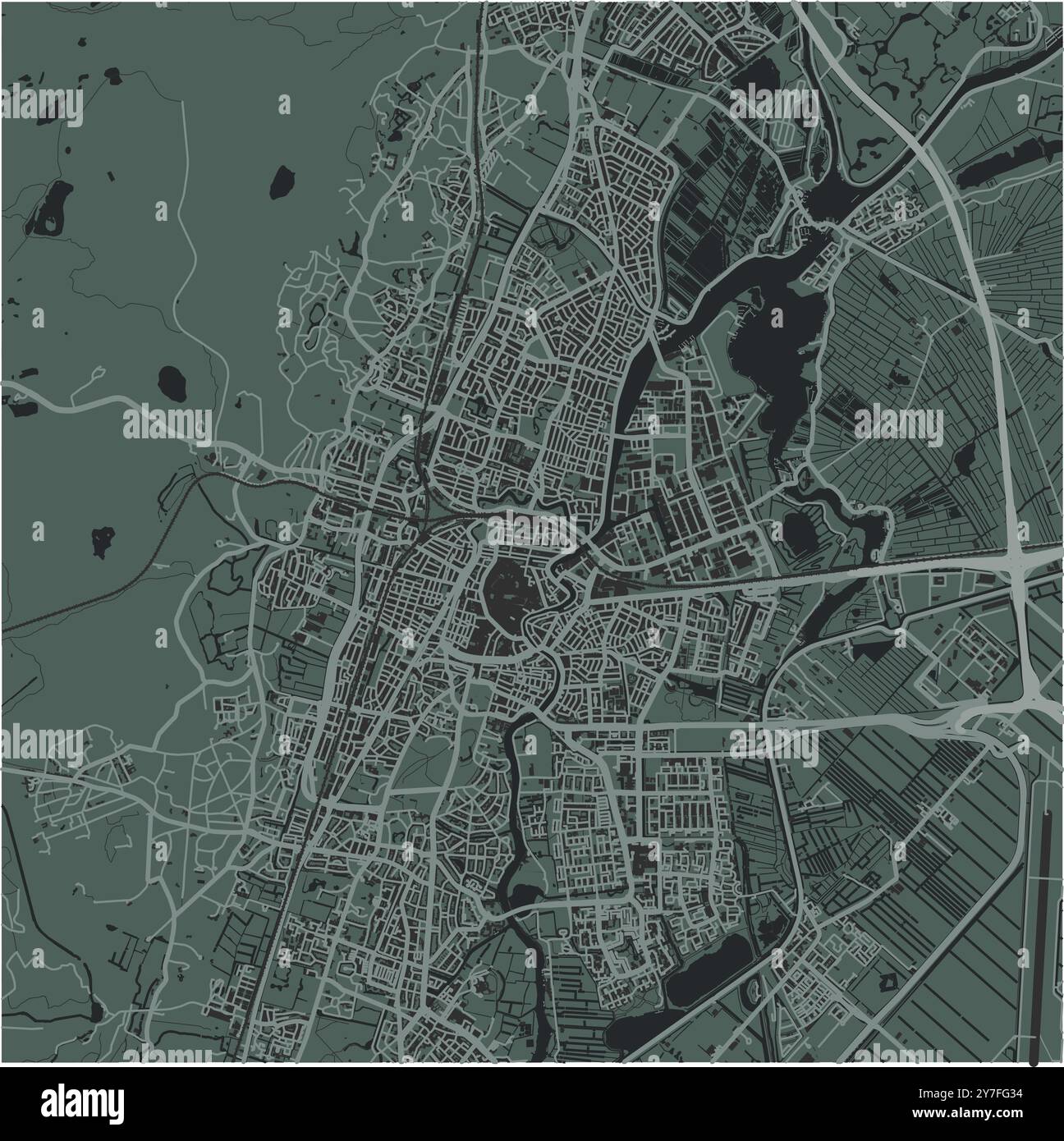 Map of Haarlem in Netherlands in a smooth dark style. Contains layered vector with roads water ...