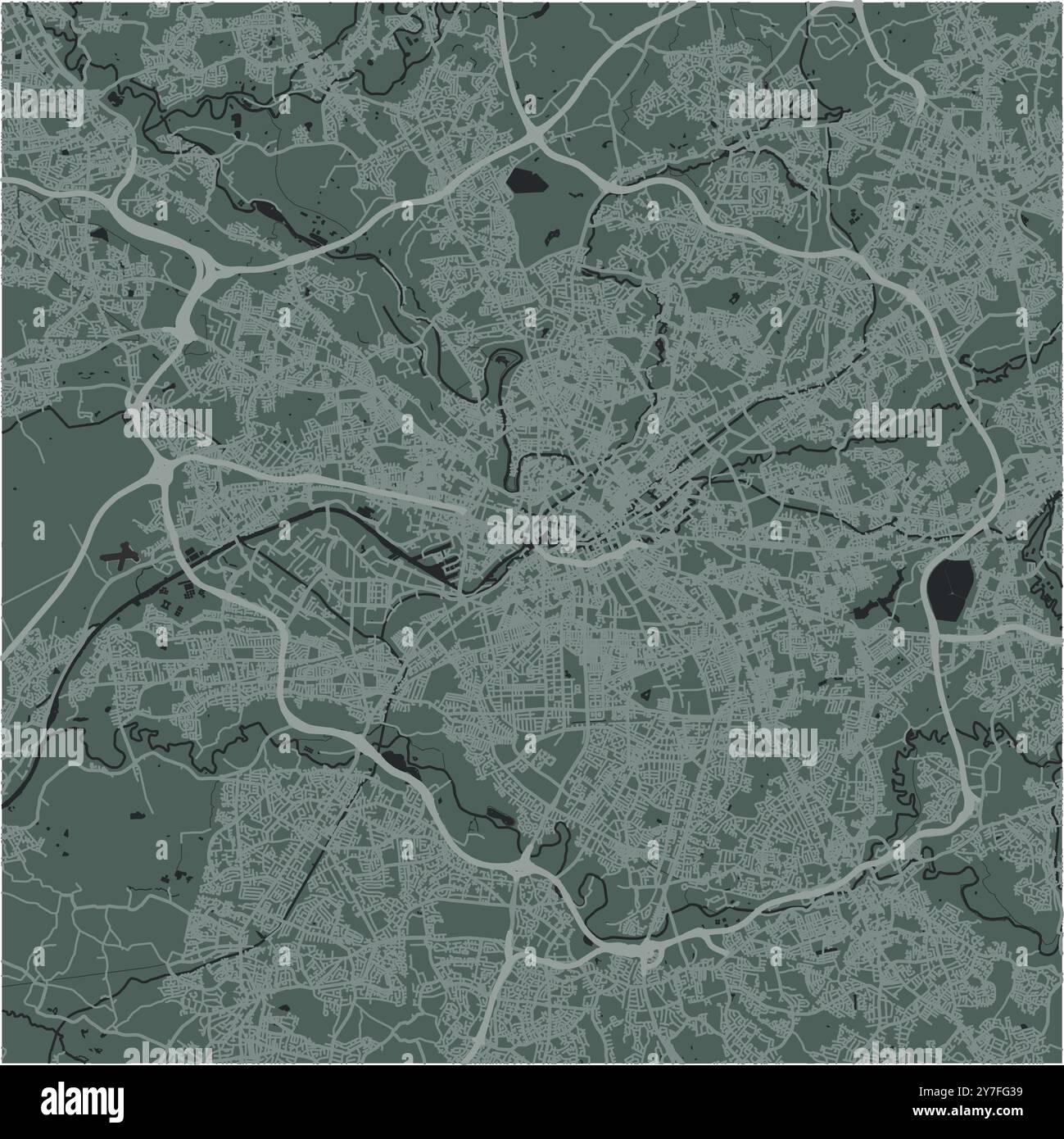 Map of Manchester in United Kingdom in a smooth dark style. Contains layered vector with roads ...