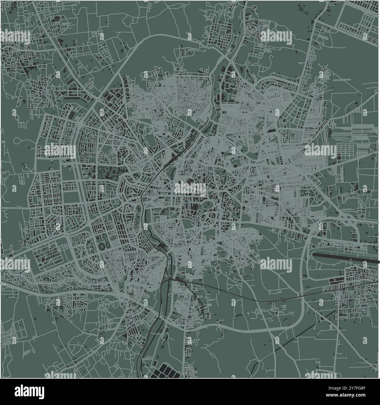 Map of Aleppo in Syria in a smooth dark style. Contains layered vector with roads water, parks ...