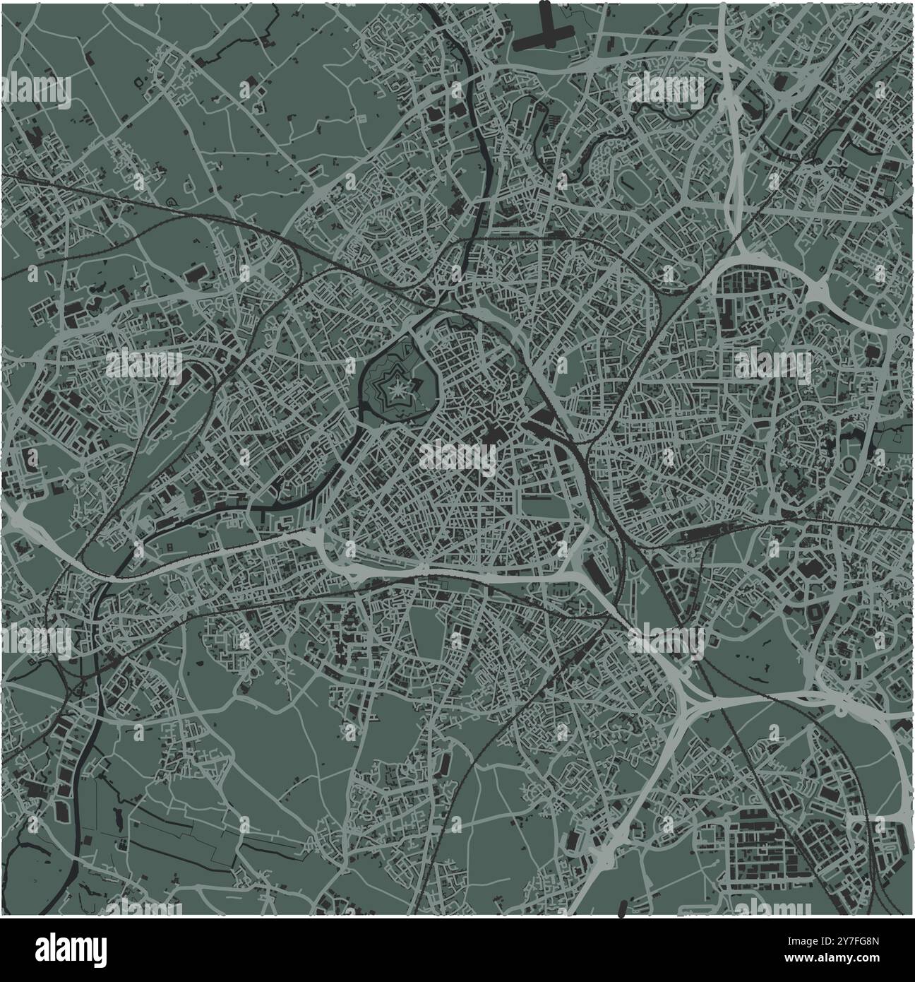 Map of Lille in France in a smooth dark style. Contains layered vector with roads water, parks ...