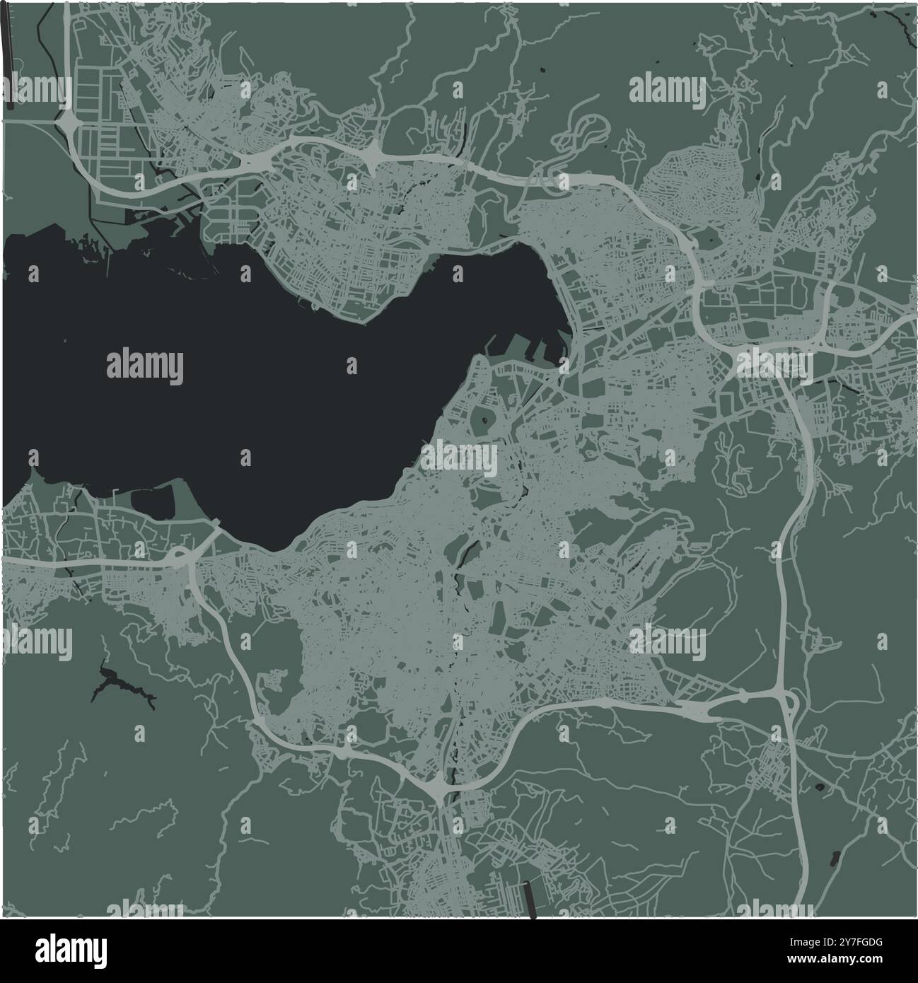 Map of Izmir in Turkey in a smooth dark style. Contains layered vector with roads water, parks ...