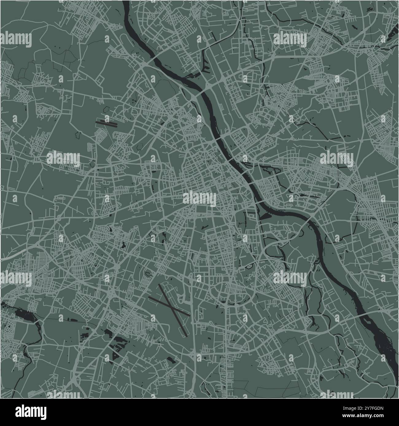 Map of Warsaw in Poland in a smooth dark style. Contains layered vector with roads water, parks ...
